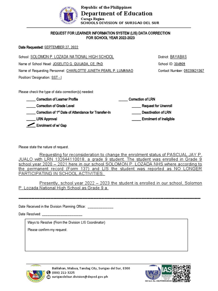 LIS-Request-Form Jualo | PDF