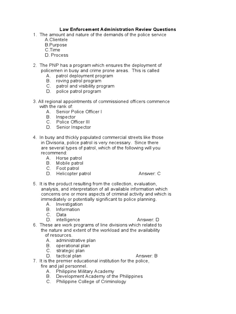 Law Enforcement Administration Q&A Guide | PDF | Police | Inspector