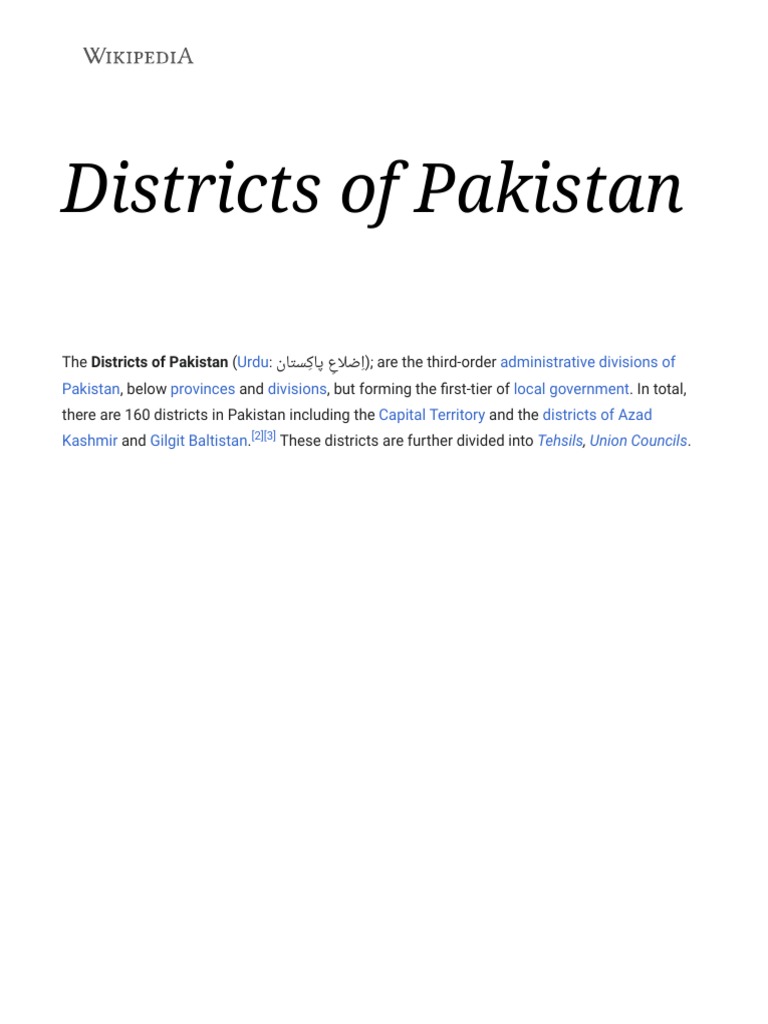 Districts of Pakistan - Wikipedia by Guri | PDF | Pakistan | Government ...