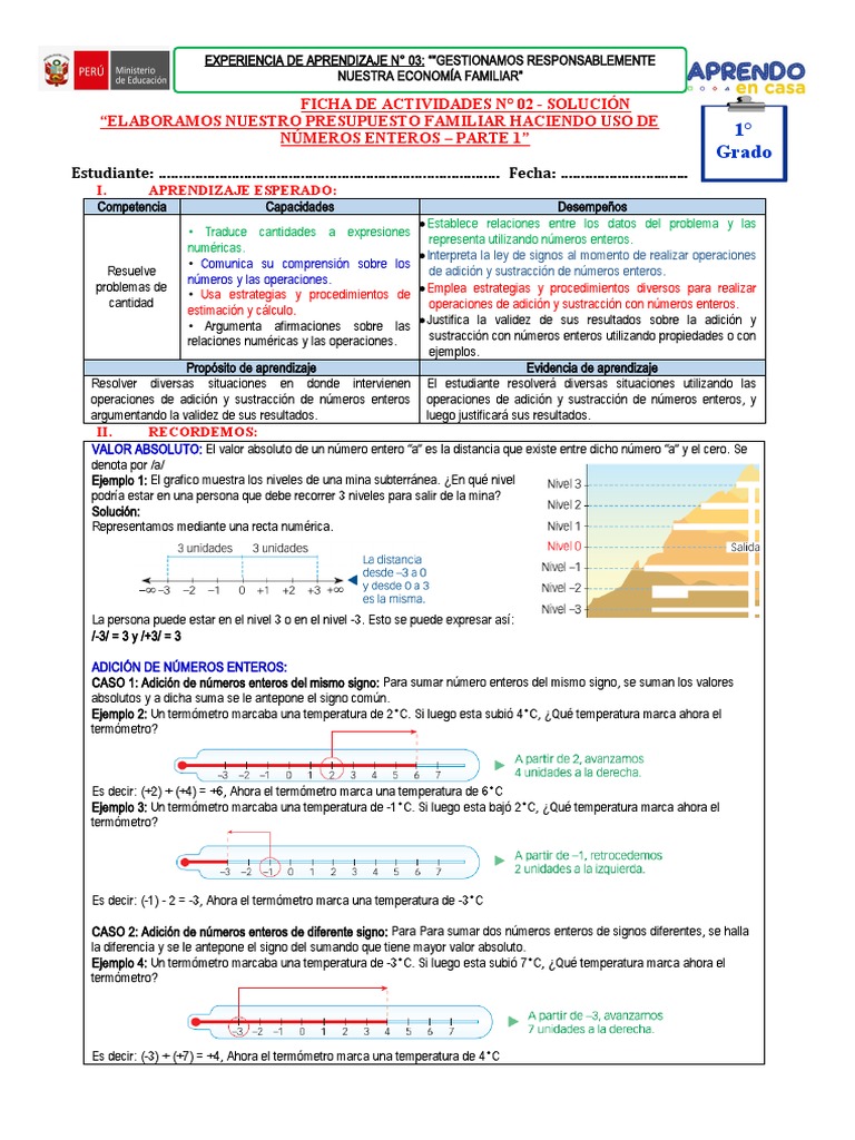 Solución Ficha 2 - 1ero - Exp 3 | PDF | Entero | Sustracción