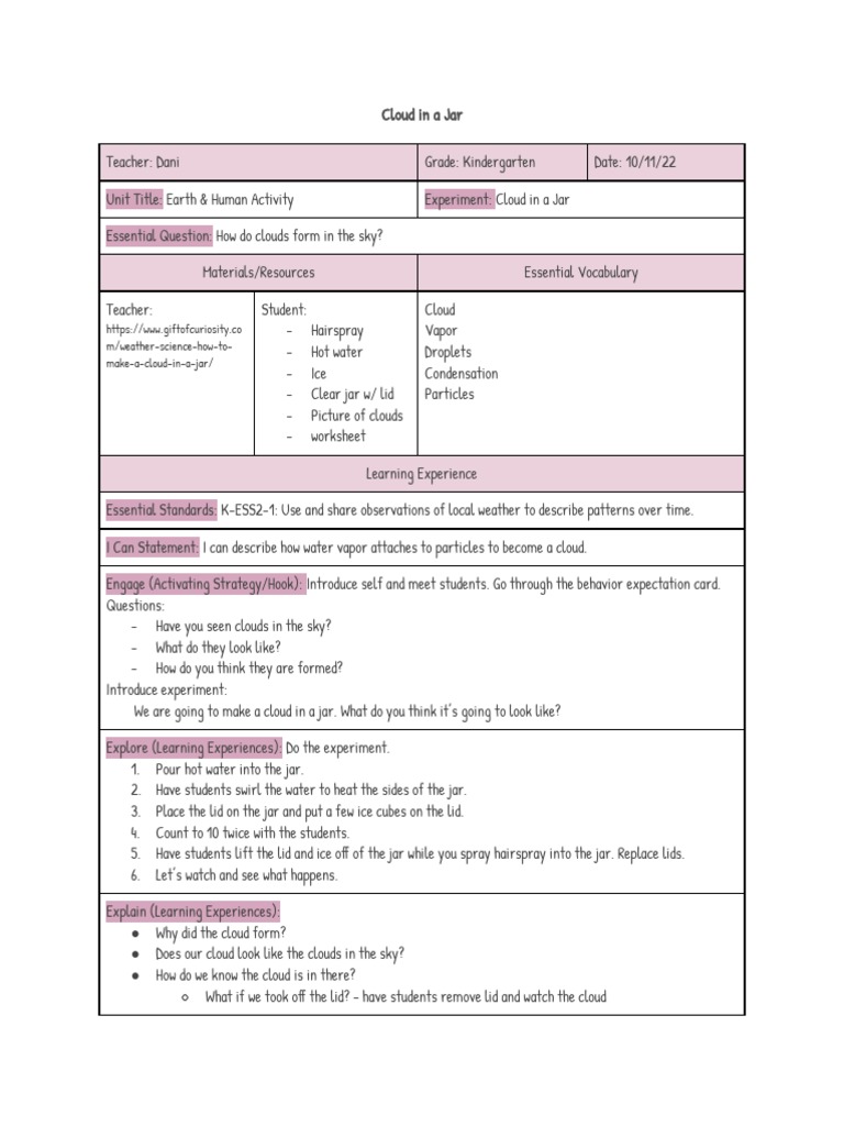 Cloud in A Jar - Lesson Plan | PDF | Cloud | Water