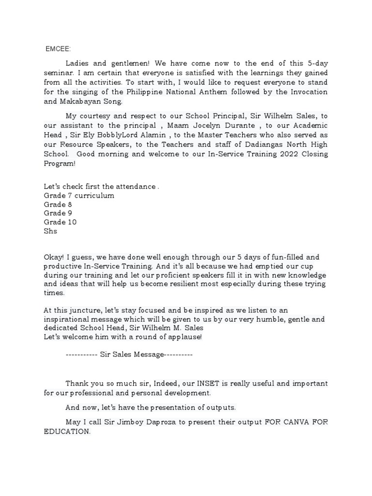 Emcee - Inset 2022 | PDF | Learning | Behavior Modification