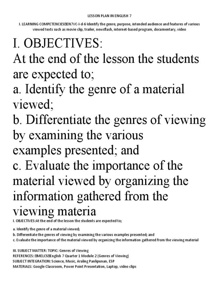Lesson Plan in English 7 | PDF