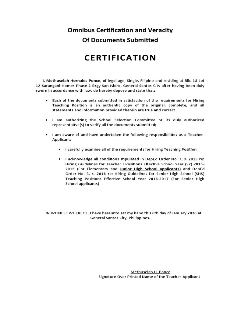 Form - Omnibus Certification and Veracity | PDF
