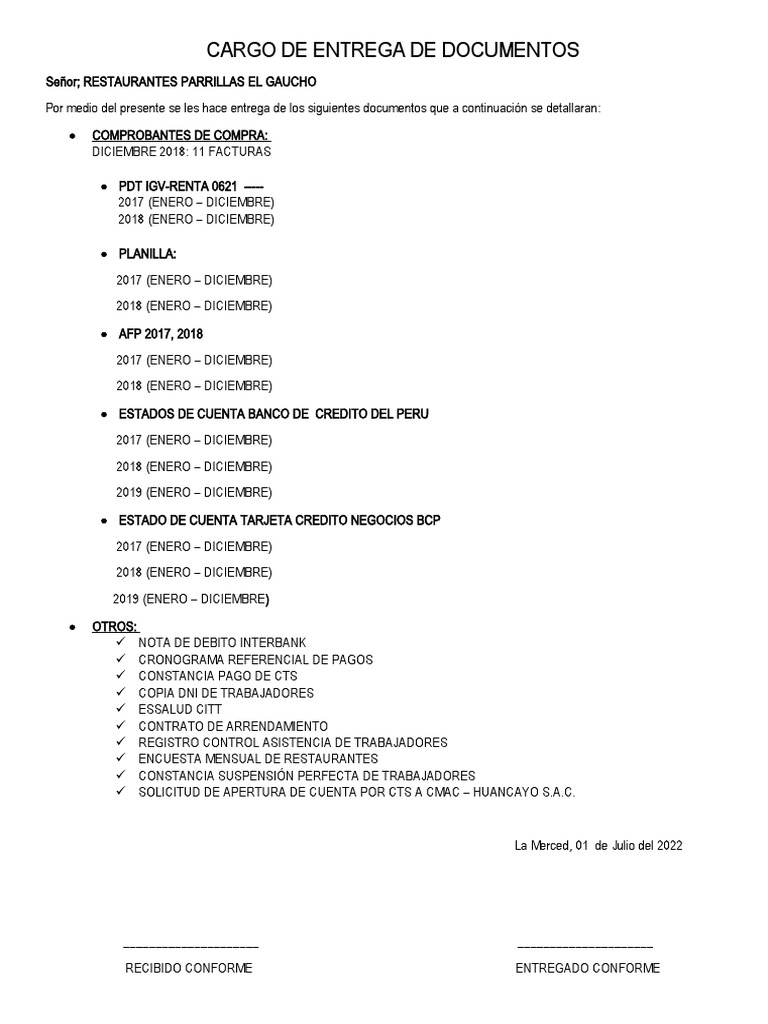 Cargo de Entrega de Documentos | PDF | Tecnología financiera | Finanzas ...