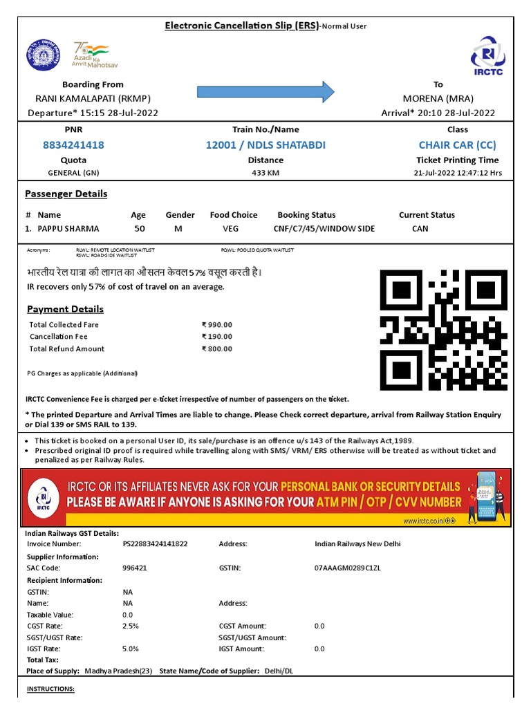 Shatabdi Cancle Ticket | PDF | Identity Document