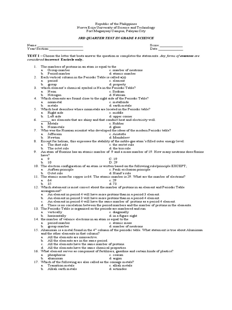Grade 8 Science 3rd Quarter | PDF | Chemical Elements | Periodic Table