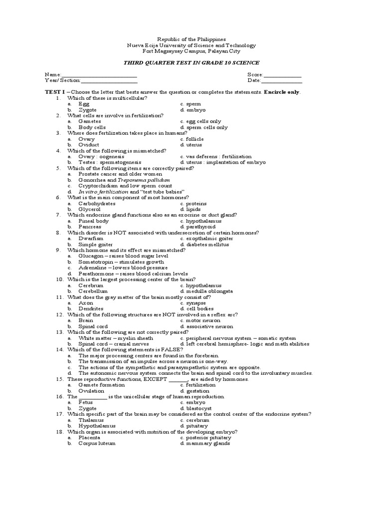 GRADE 10 SCIENCE 3rd Quarter | PDF | Gene | Nervous System