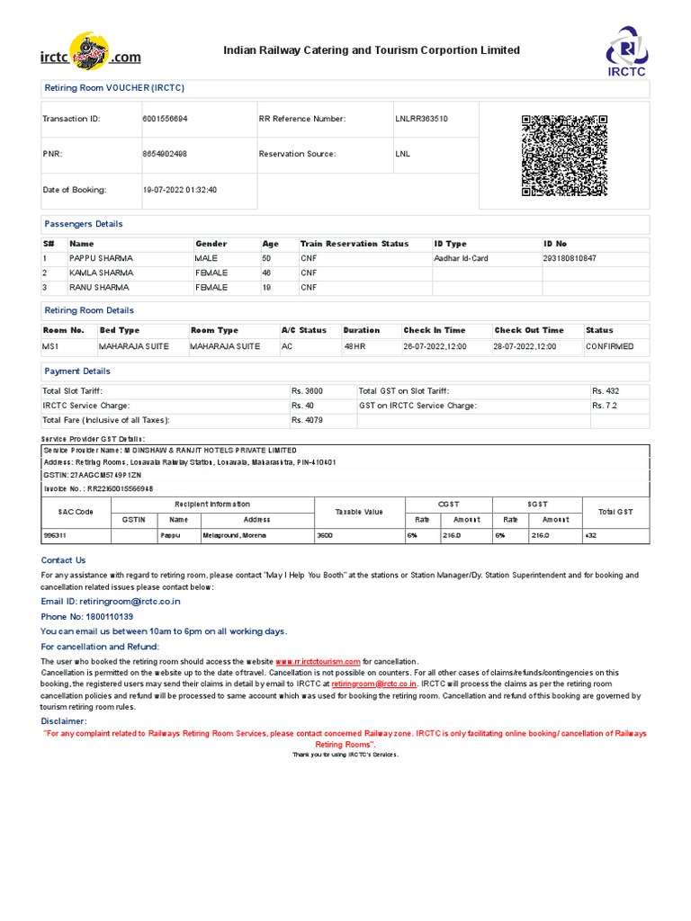 IRCTC Retiring Room - LNL | PDF