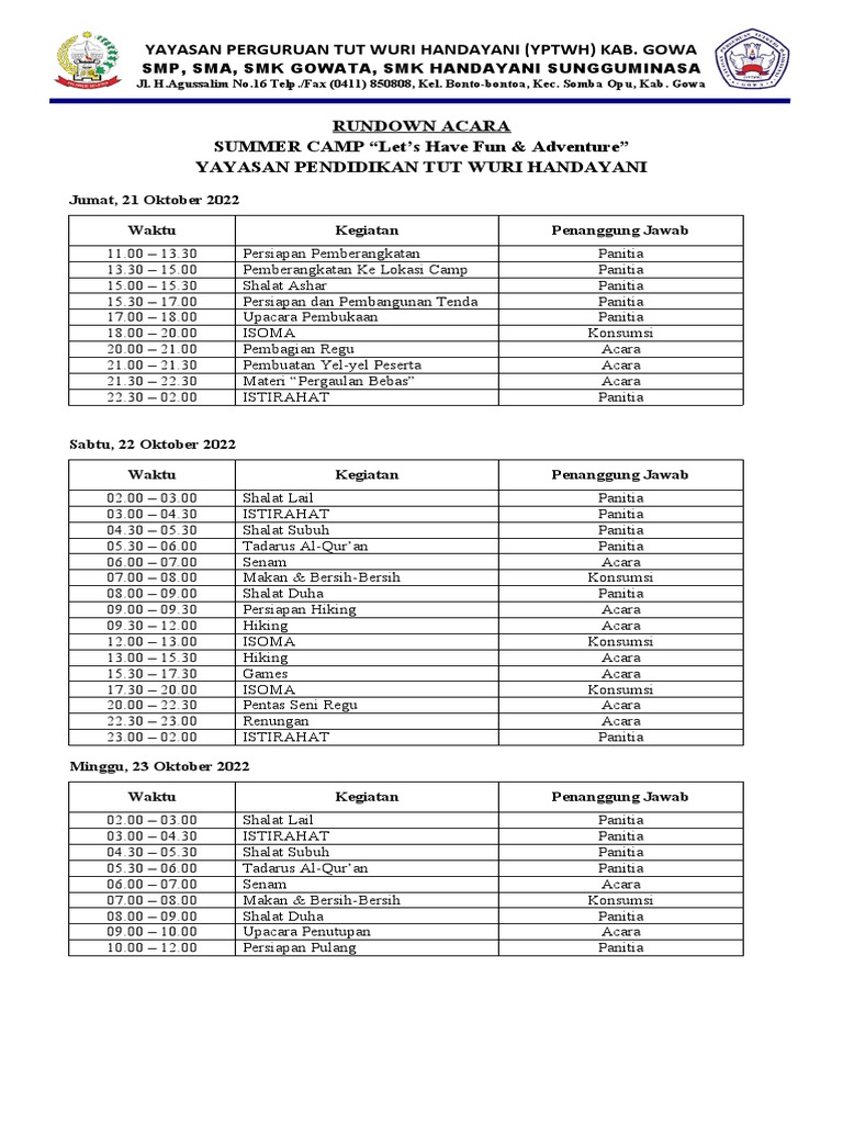 Rundown Summer Camp YPTWH 2022 | PDF