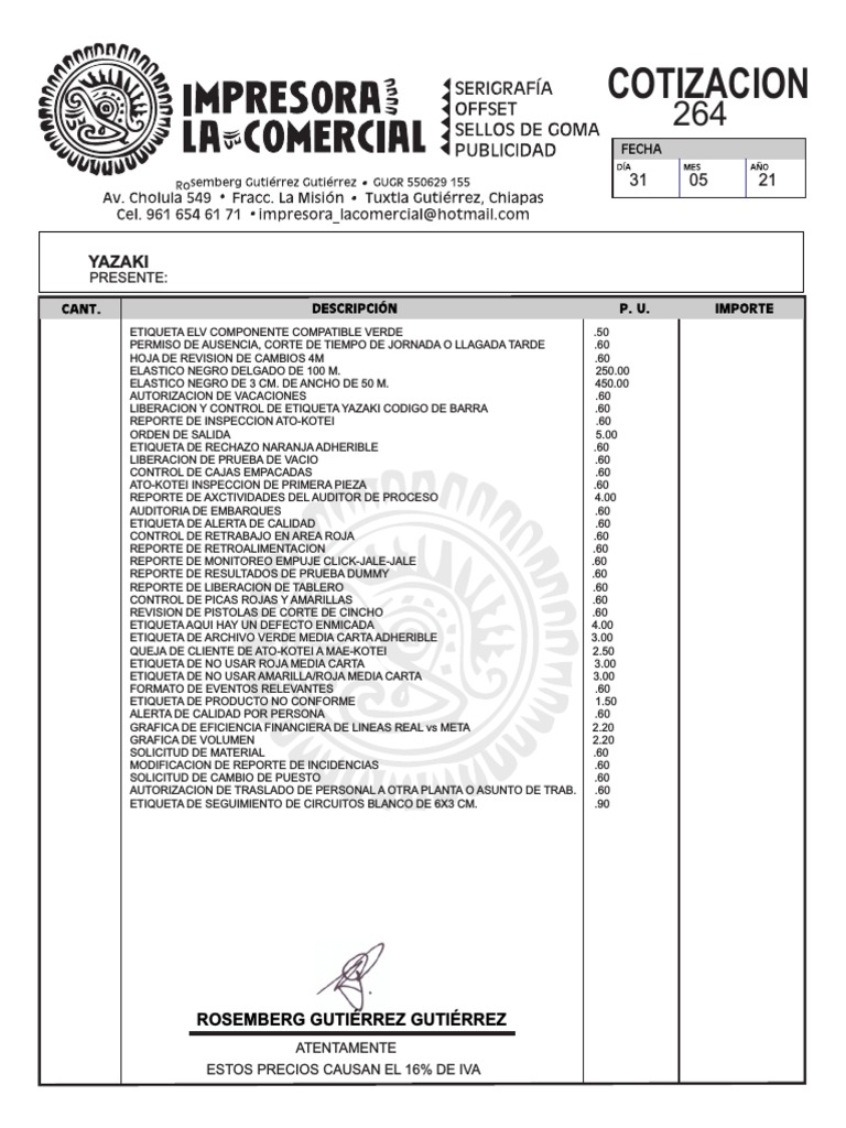 Cotizacion: Yazaki | PDF