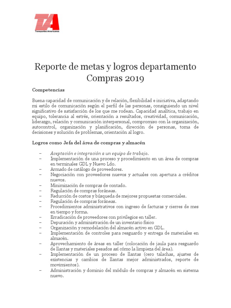 Reporte de Metas y Logros Departamento Compras 2019 | PDF | Business ...