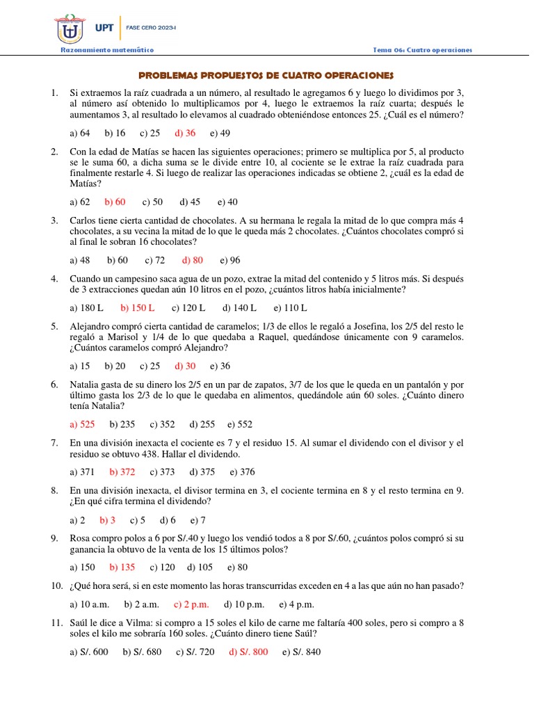 Practica de Cuatro - Operaciones - 2020 - 2 - Finala | PDF | División (Matemáticas) | Matemáticas