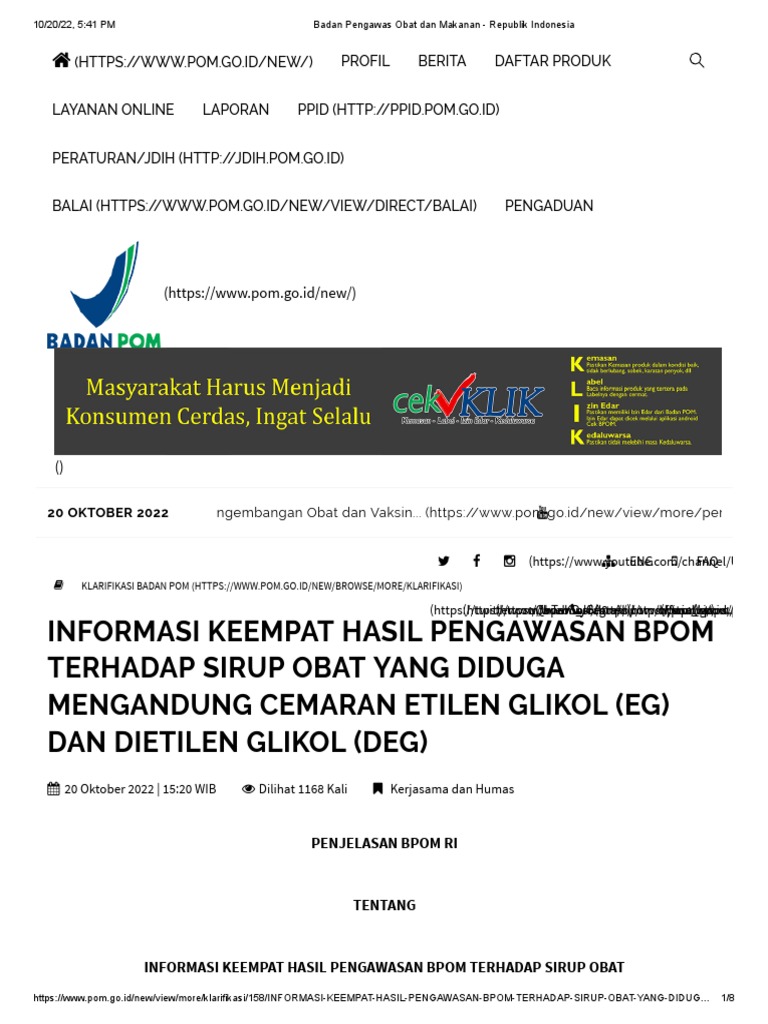 Informasi Keempat Hasil Pengawasan Bpom Terhadap Sirup Obat Yang Diduga Mengandung Cemaran ...
