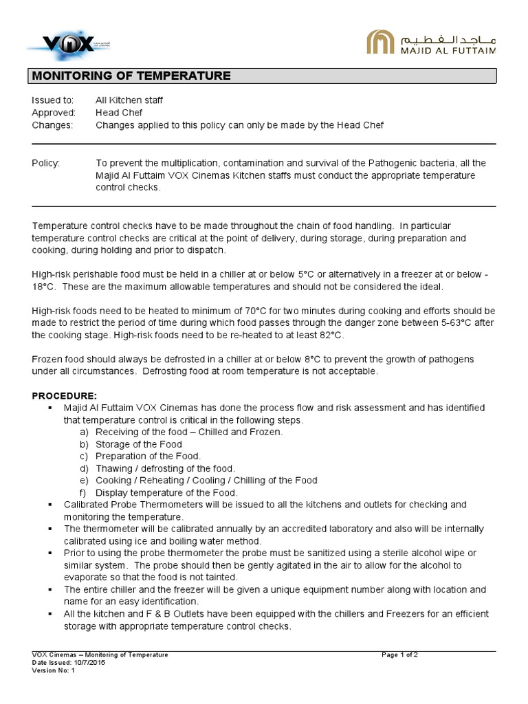 Temperature Monitoring Procedures in Kitchens | PDF | Refrigerator | Foods