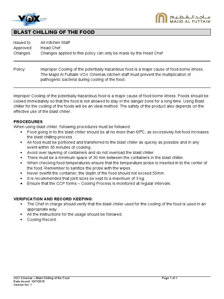Blast Chilling Procedures for Food Safety | PDF