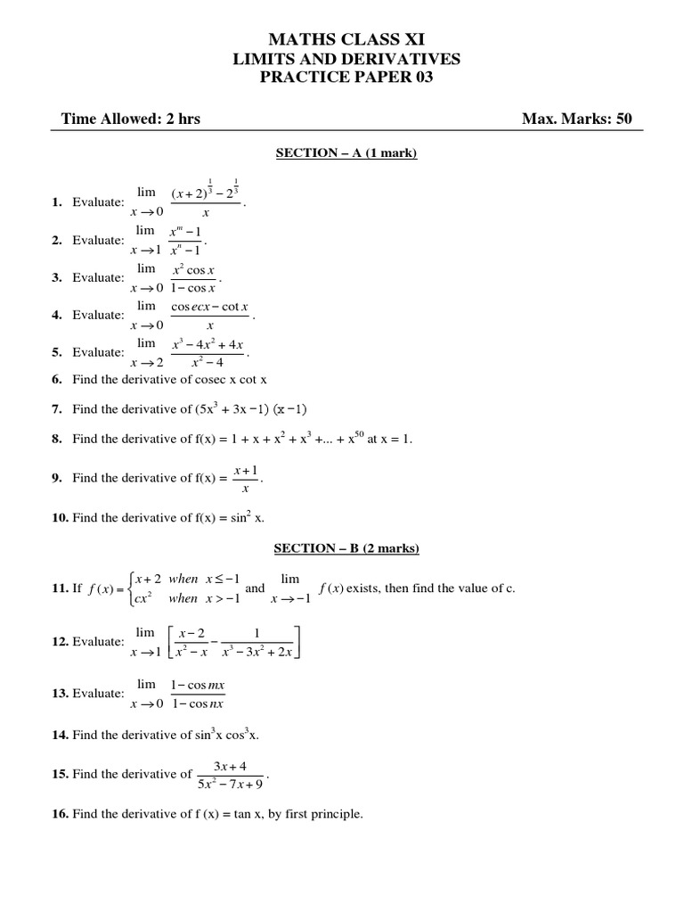 Maths Class Xi Limits Derivatives Practice Paper 03 | PDF