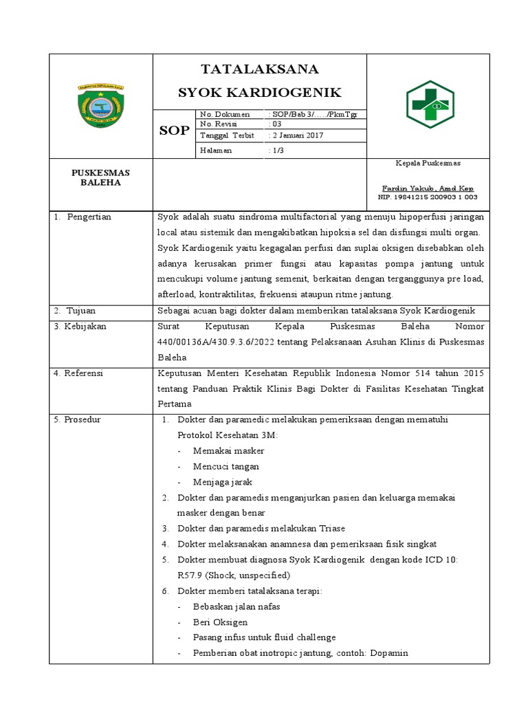 Sop Tatalaksana Syok Kardiogenik | PDF