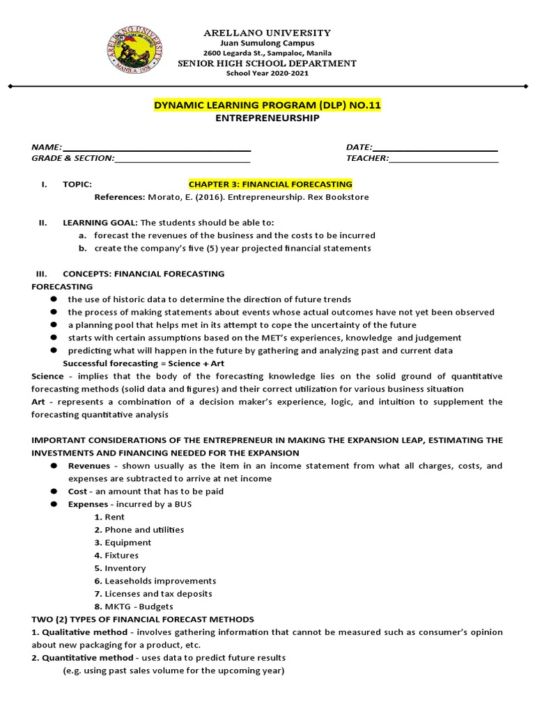 Financial Forecasting in Entrepreneurship | PDF | Forecasting | Income ...