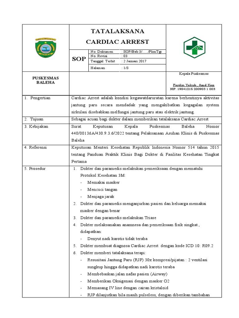 Sop Tatalaksana Cardiac Arrest | PDF