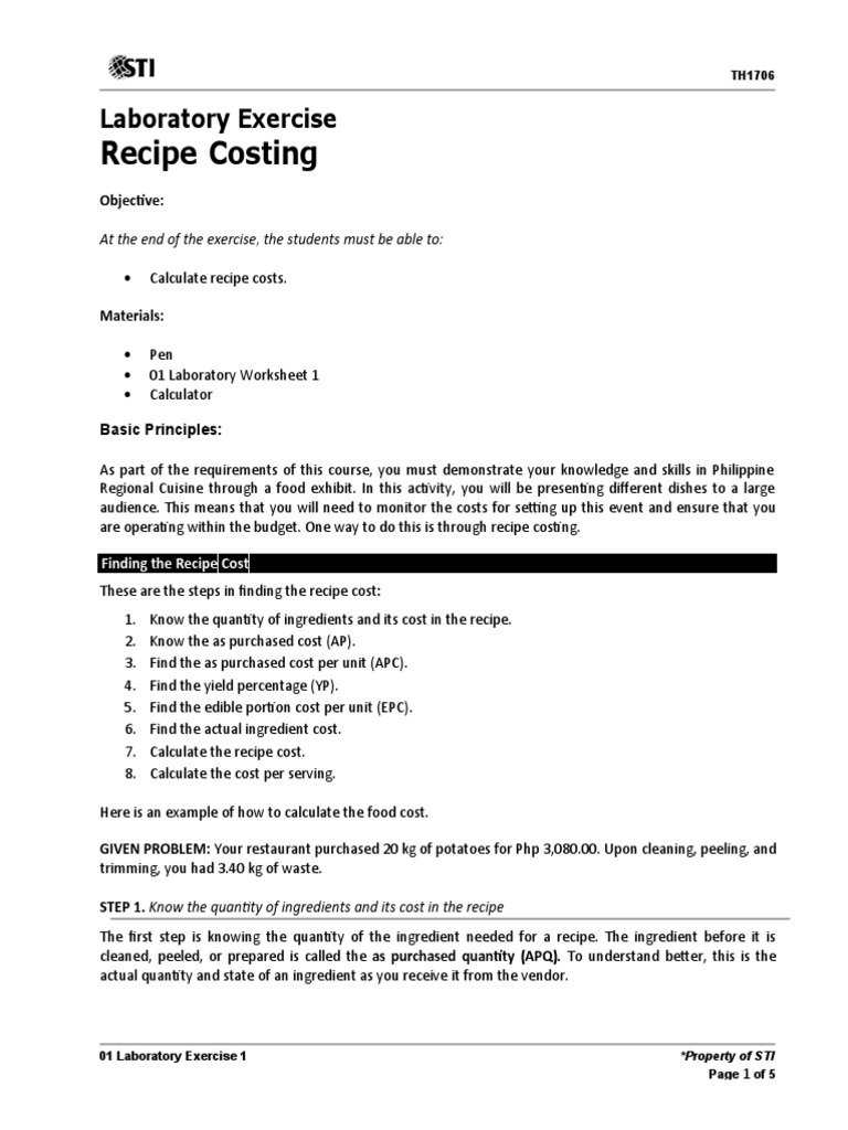 Recipe Costing and Calculation Guide | PDF | Percentage | Foods
