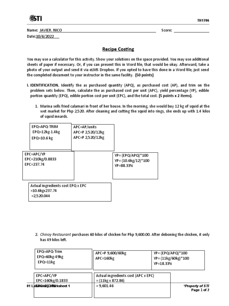 Javier 01 Laboratory Worksheet 13 Pdf Cooking Cuisine