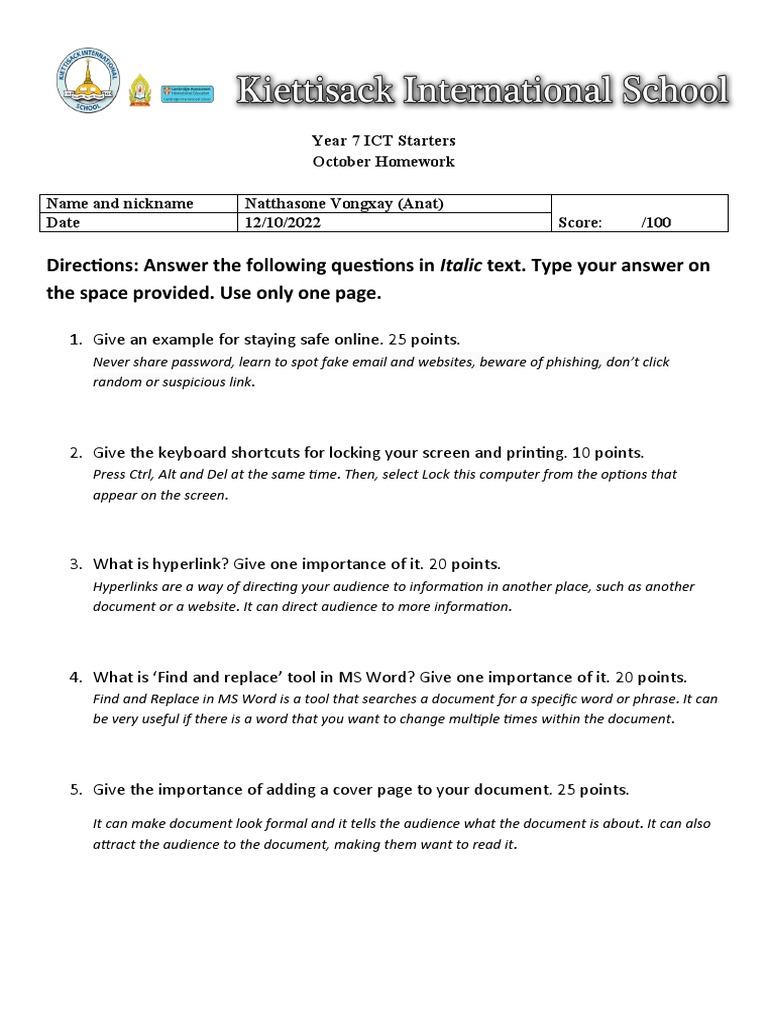 Year 7 ICT Starters October Homework | PDF