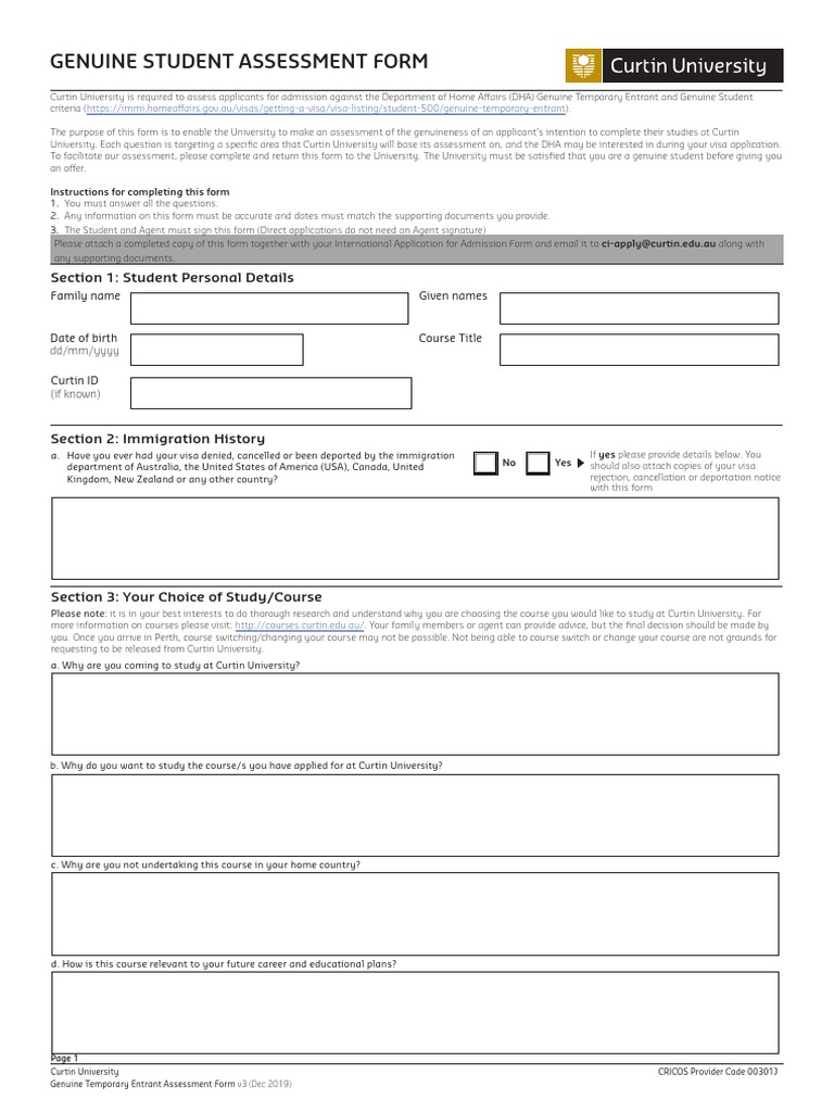 Curtin University Genuine Student Form | PDF | Travel Visa | Tuition ...