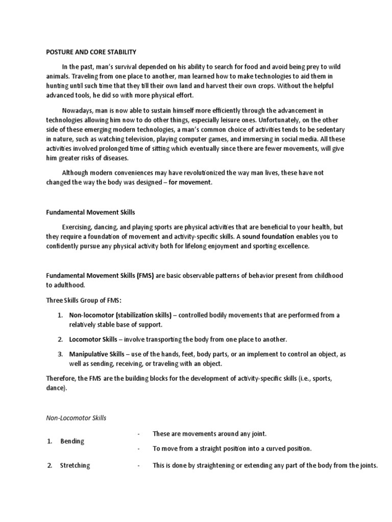 Posture and Core Stability: Non-Locomotor Skills | PDF