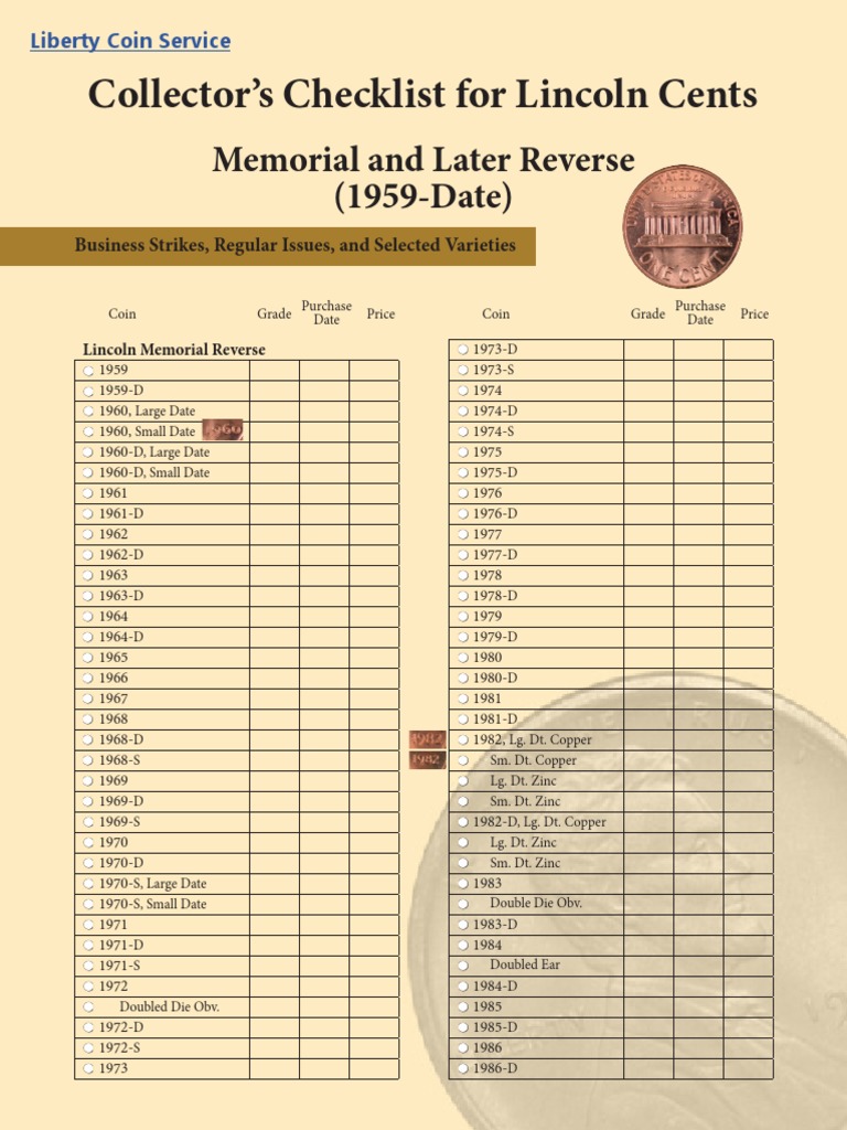 collectors-checklist-lincoln-memorial-cents | PDF | Penny (United ...