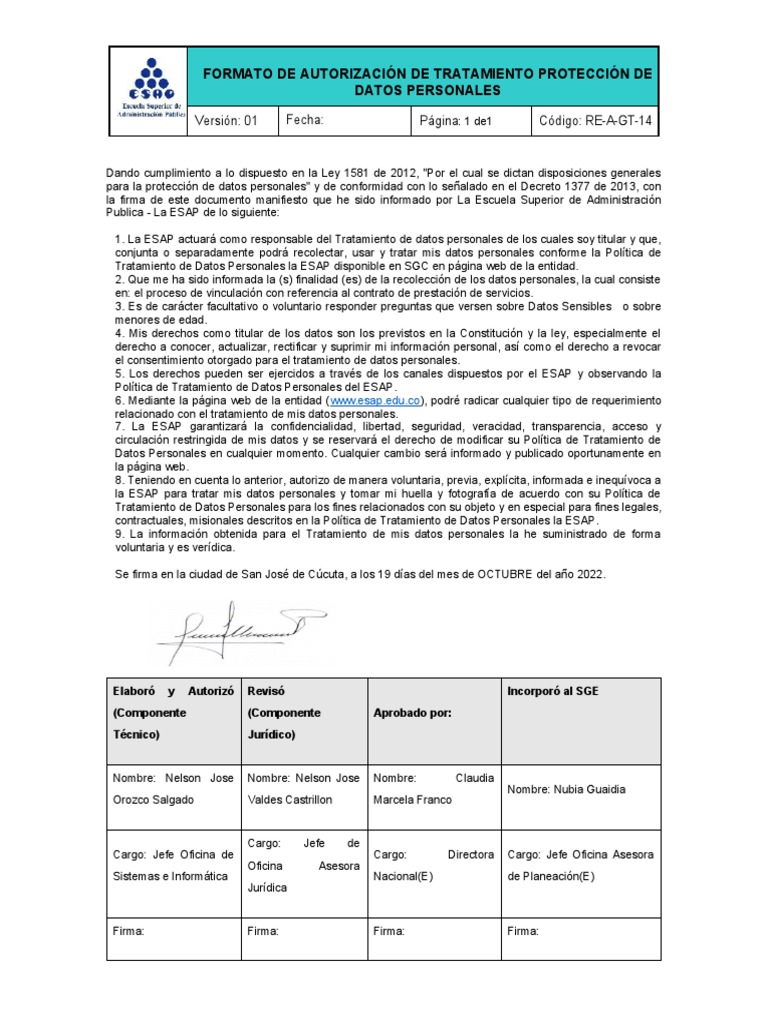 Formato de Autorización de Tratamiento Protección de Datos Personales | Descargar gratis PDF ...