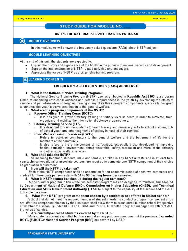 Study Guide 1 FAQs About NSTP | PDF | Reserve Officers' Training Corps | Philippines