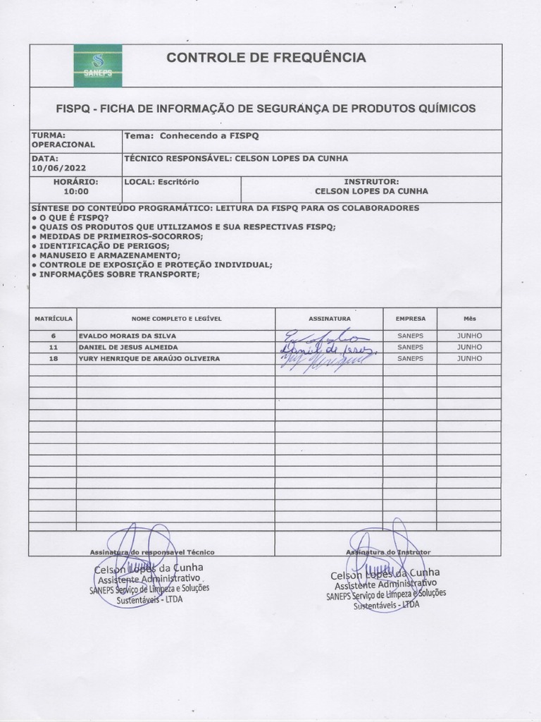 Registro de Treinamento - FISPQ | PDF