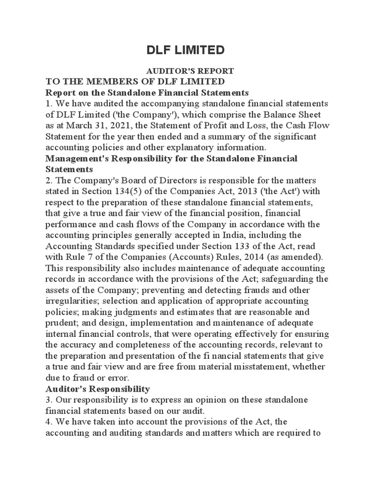 DLF LIMITED Auditors Report | PDF | Financial Audit | Auditor's Report