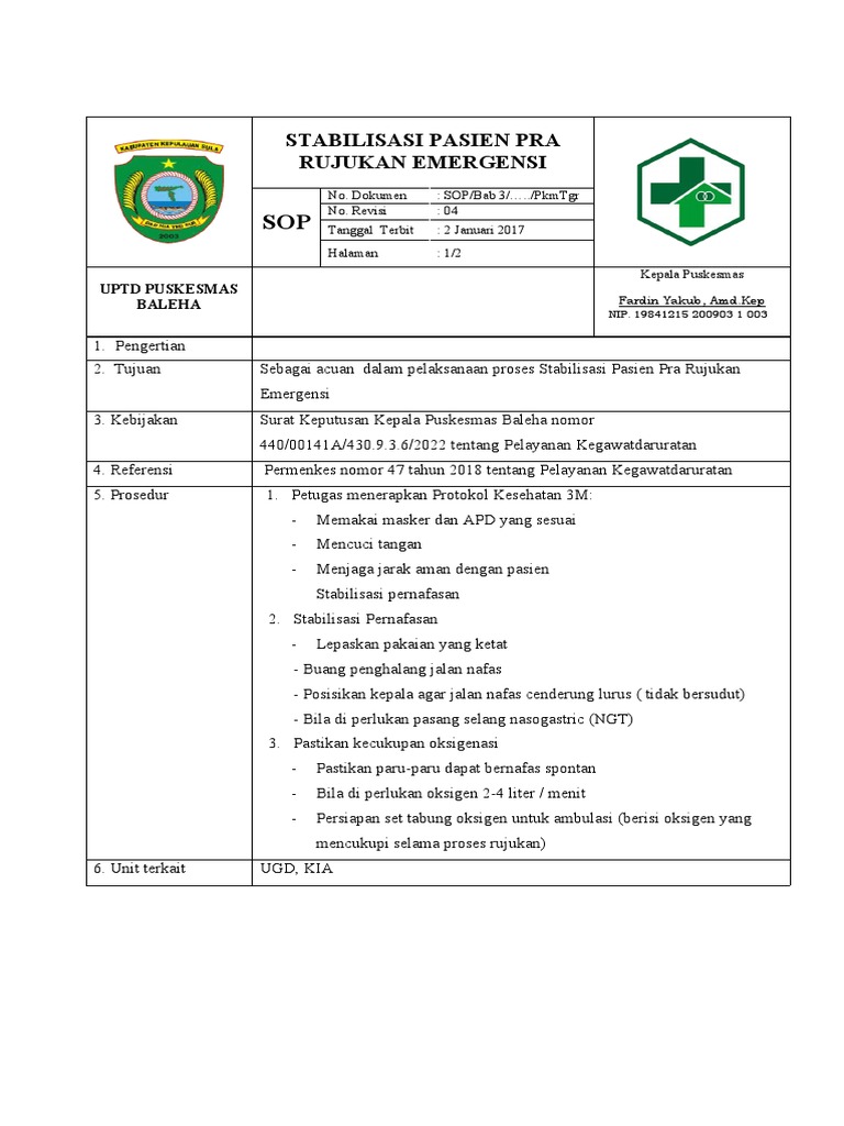 SOP Stabilisasi Pasien Pra Rujukan Emergensi | PDF