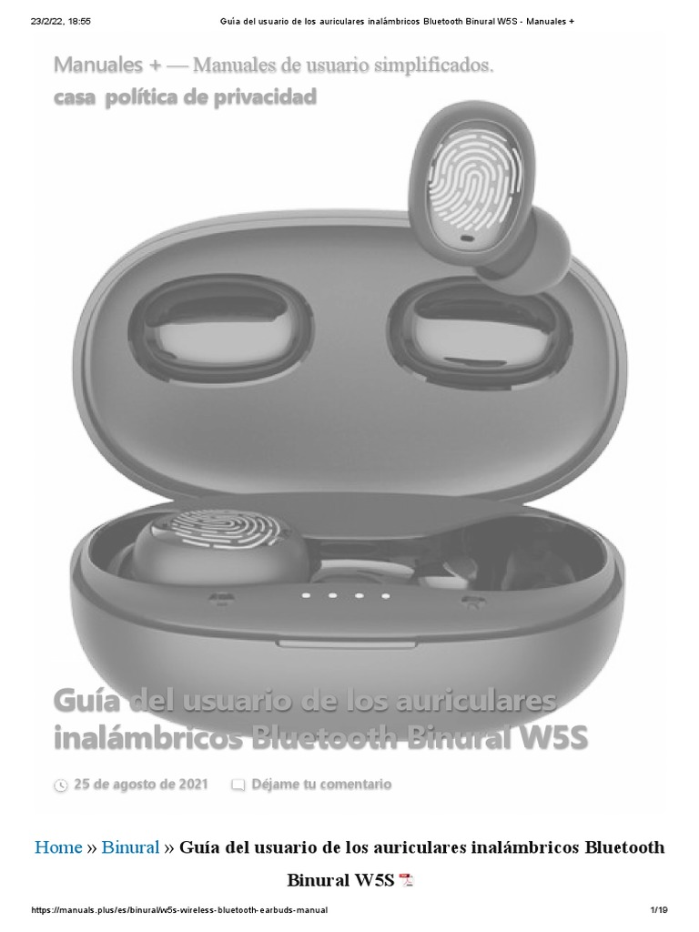 Guía del usuario de los auriculares inalámbricos Bluetooth Binural W5S ...