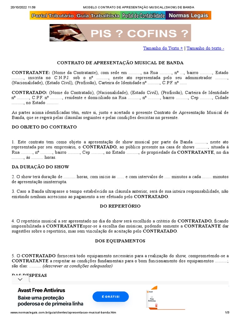Modelo Contrato de Apresentação Musical (Show) de Banda | PDF
