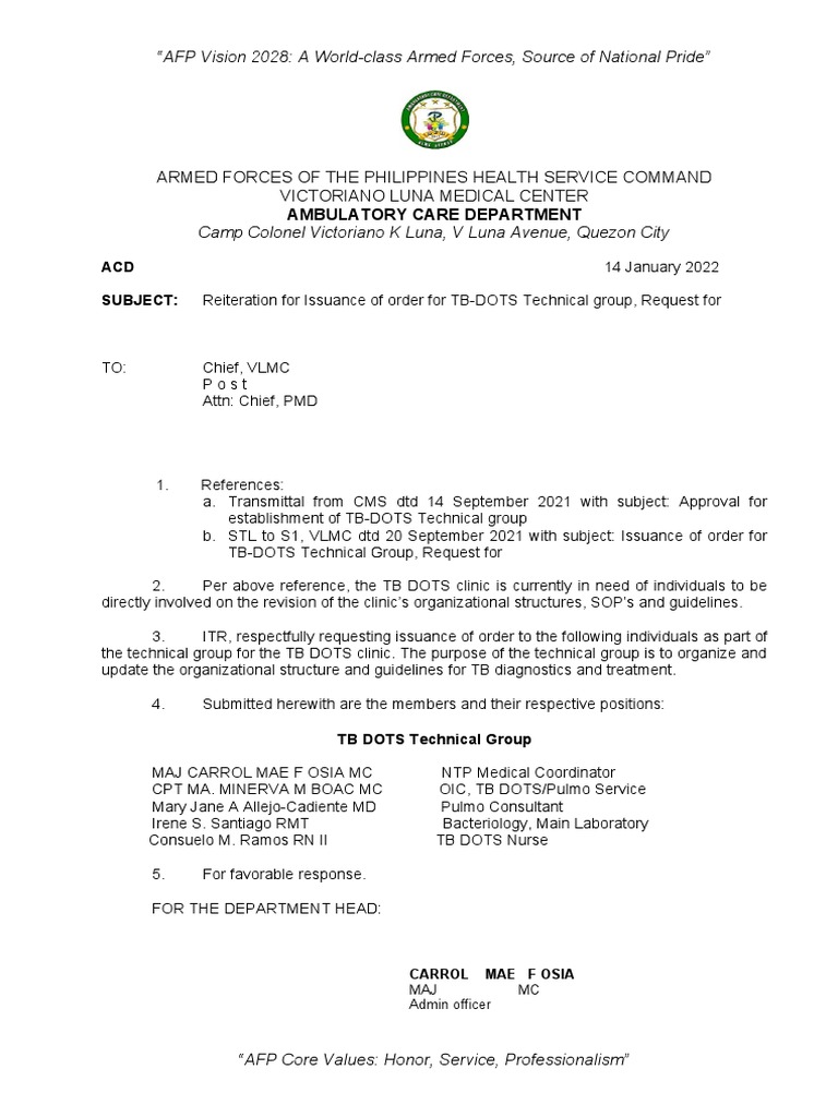 Letter For Reiteration of Issuance of Order of TB Technical Working ...