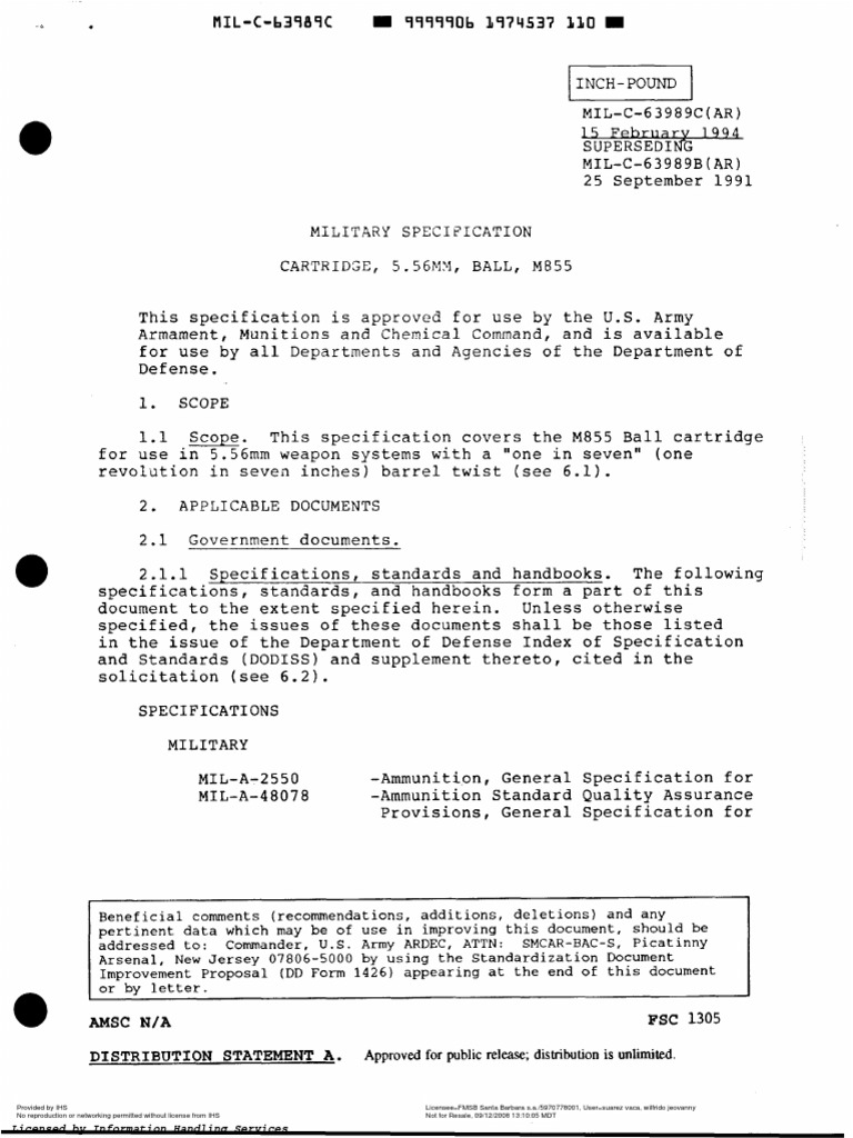 Mil - C-63989c (Ar) Cartridge 5.56mm, Ball, m855 | PDF | Cartridge ...