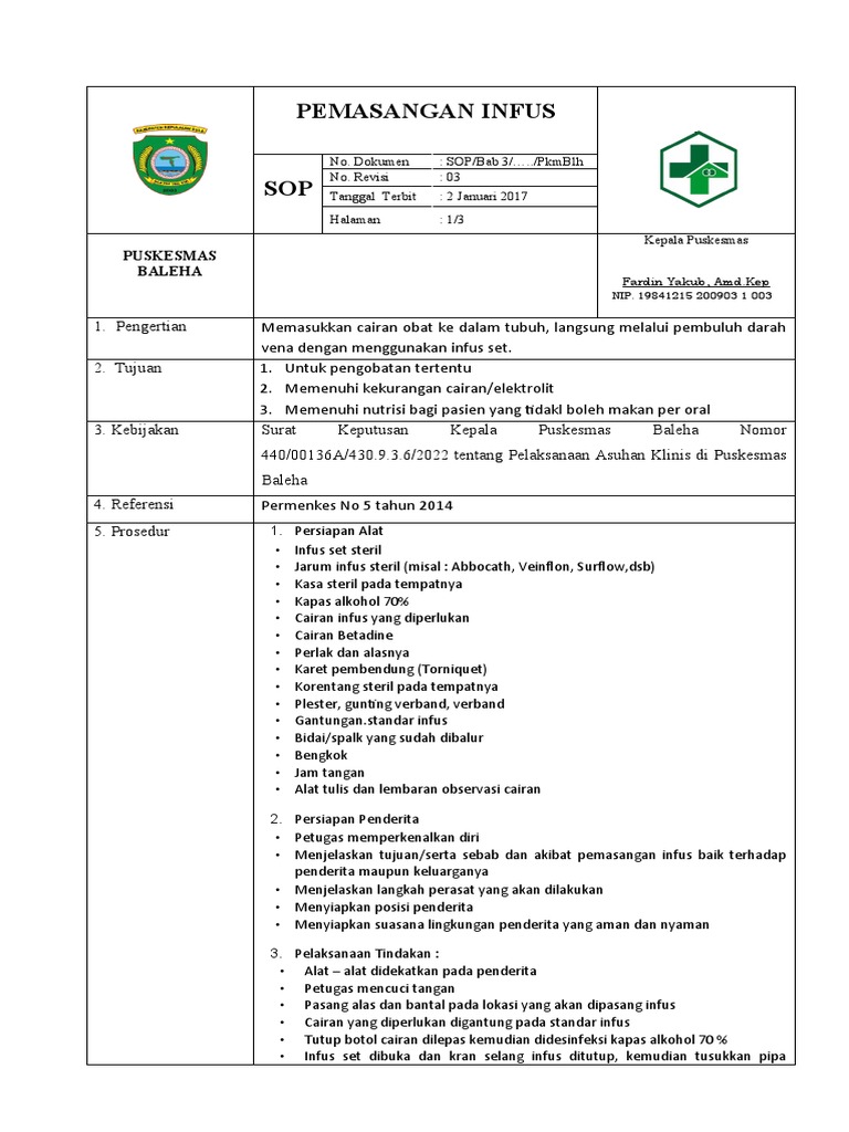 Sop Pemasangan Infus | PDF