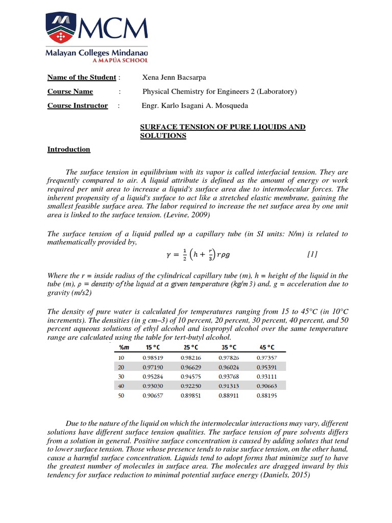 SURFACE TENSION OF PURE LIQUIDS AND SOLUTIONS Lab Report (Bacsarpa, XJ ...