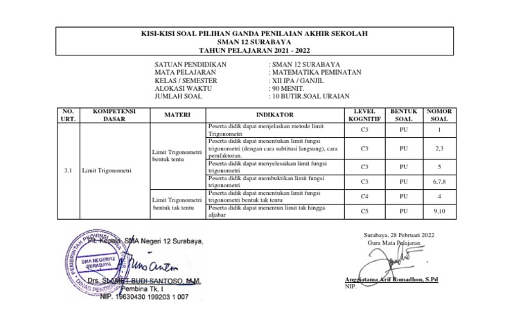 Kisi Soal Matematika Peminatan 2021 - 2022 | PDF