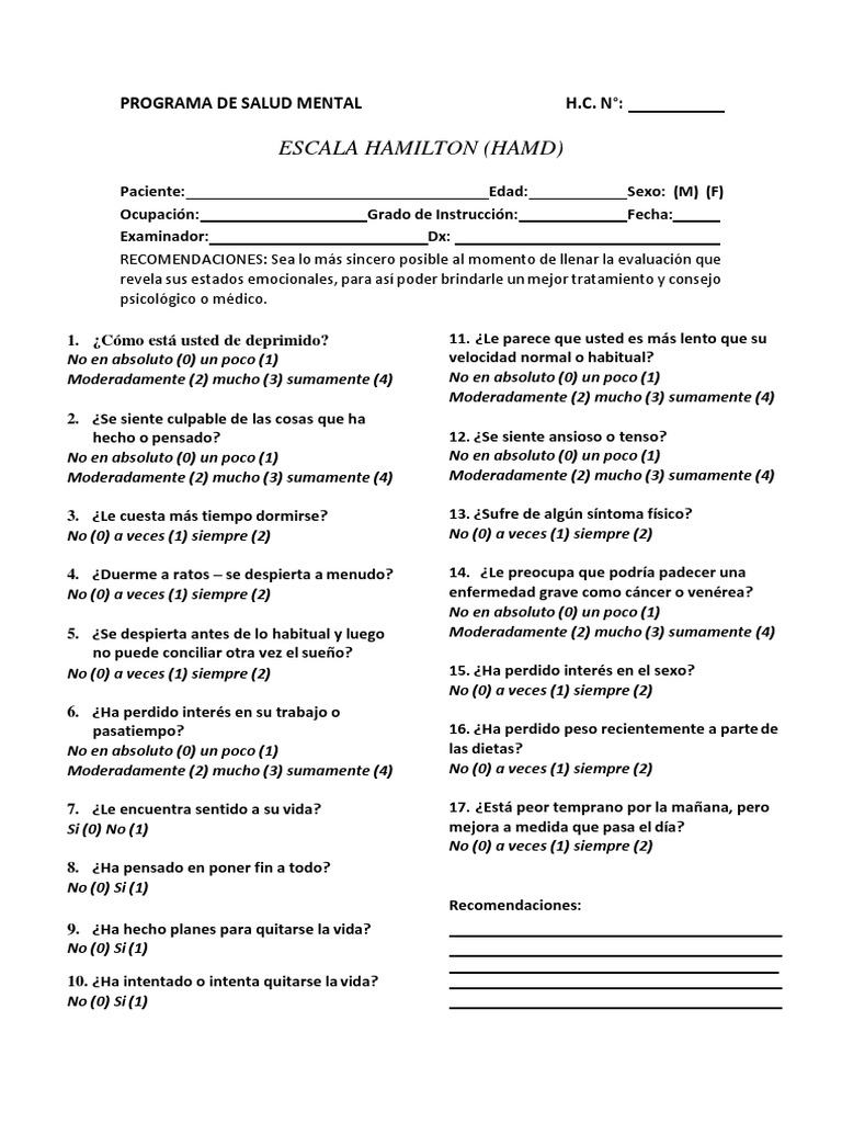 Escala Hamilton | PDF | Depresión (estado de ánimo) | Sicología
