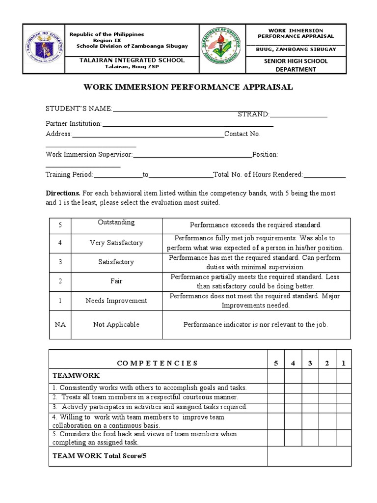 Work Immersion Appraisal For Print | PDF | Psychological Resilience ...