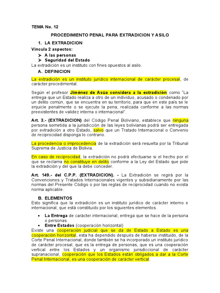 TEMA No. 12 PROCEDIMIENTO PENAL PARA EXTRADICION Y ASILO | PDF | Derecho penal | Extradición