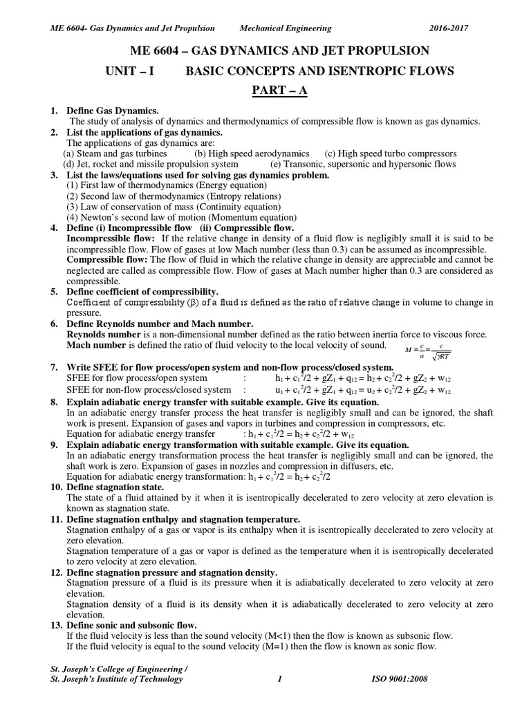 Me 6604 - Gas Dynamics and Jet Propulsion Unit - I Basic Concepts and Isentropic Flows Part - A ...
