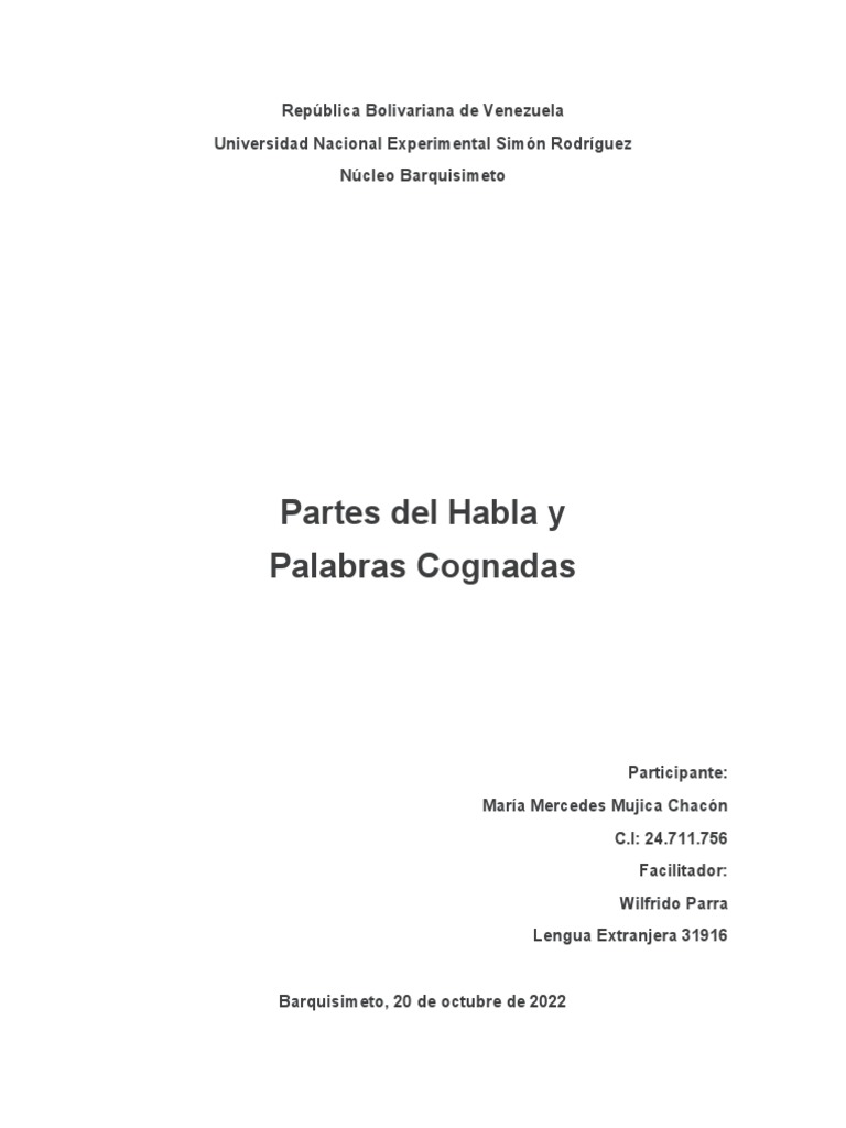 Partes del habla y cognados en español | PDF | Verbo | Sustantivo