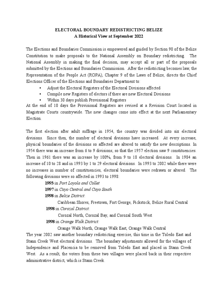 BELIZE Electoral Boundary Redistricting: A Historical View As at ...
