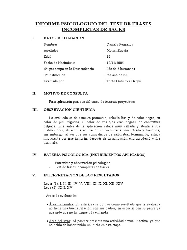Informe Psicologico - Sacks | PDF | Ciencias del comportamiento | Sicología