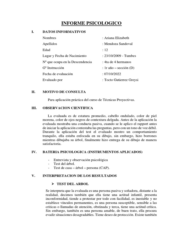 Informe Psicológico (Arbol-Cap) | PDF | Sicología | Ciencias del comportamiento